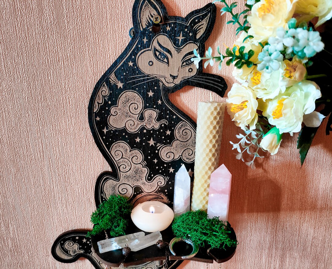 Celestial Magical Cat Pendulum Shelf With Stars, Wall Crystal Altar ...