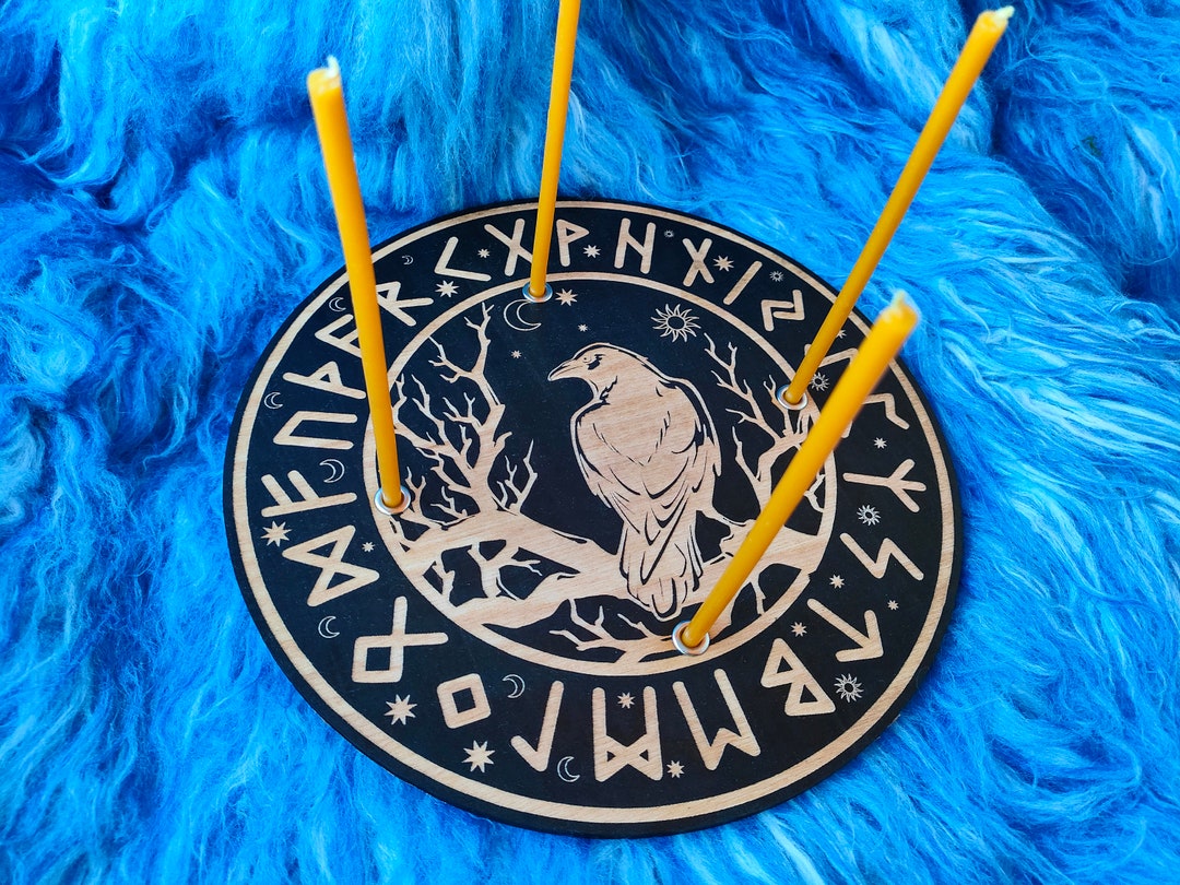 Altar Tile With Crow and Runic Circle, Altar With Candle Holder, Wooden ...