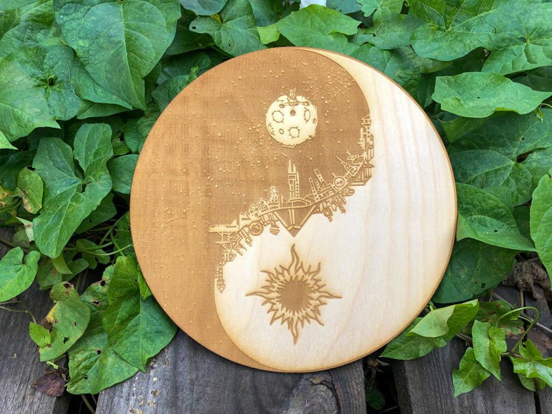 Yin Yang Crystal Grid With City, Sun and Moon, Original Spiritual Wood ...