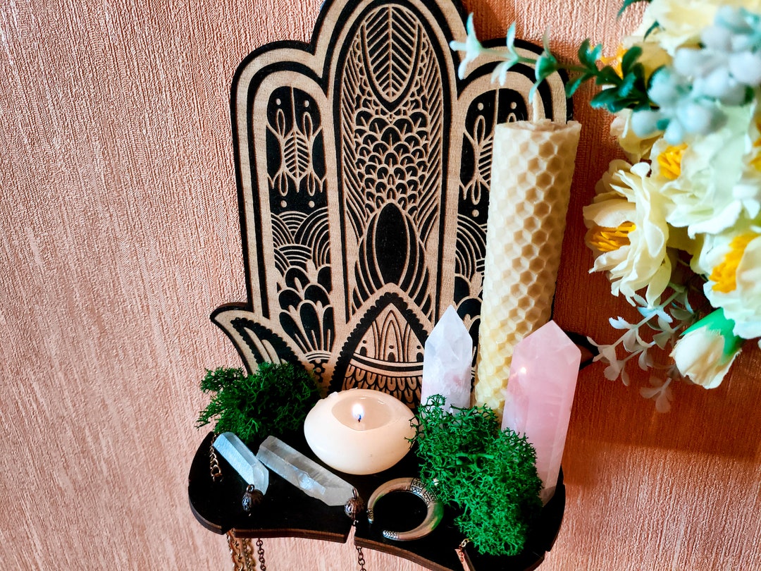 Hamsa Hand Floral Pendulum Shelf Wall Crystal Altar Shelf - Etsy