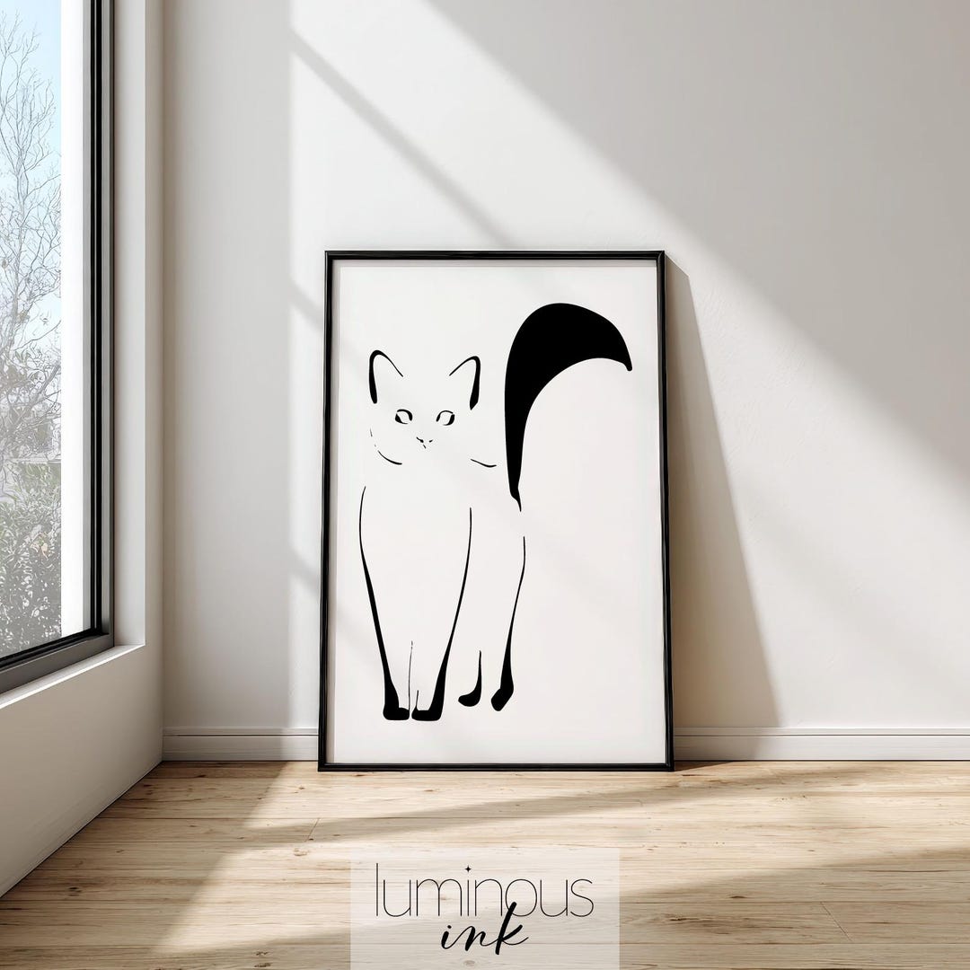 Minimalist Cat Line Art Print | Black and White Curious Cat Wall Art ...