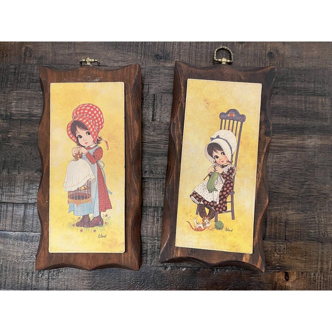 Vintage Girl in Bonnet 2 Wood Plaques Ward Folk Art Decoupage 1970s ...