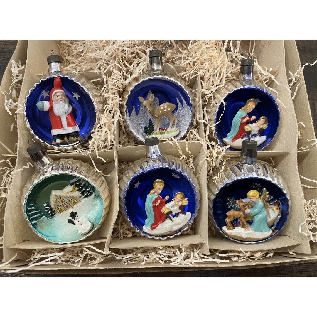 Vintage Diorama Ornaments Nativity Santa Italy Mercury Glass Christmas ...