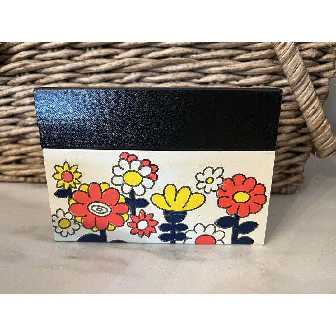Vintage Floral Metal Recipe Card Box Holder Hippie Retro Kitchen Dining ...