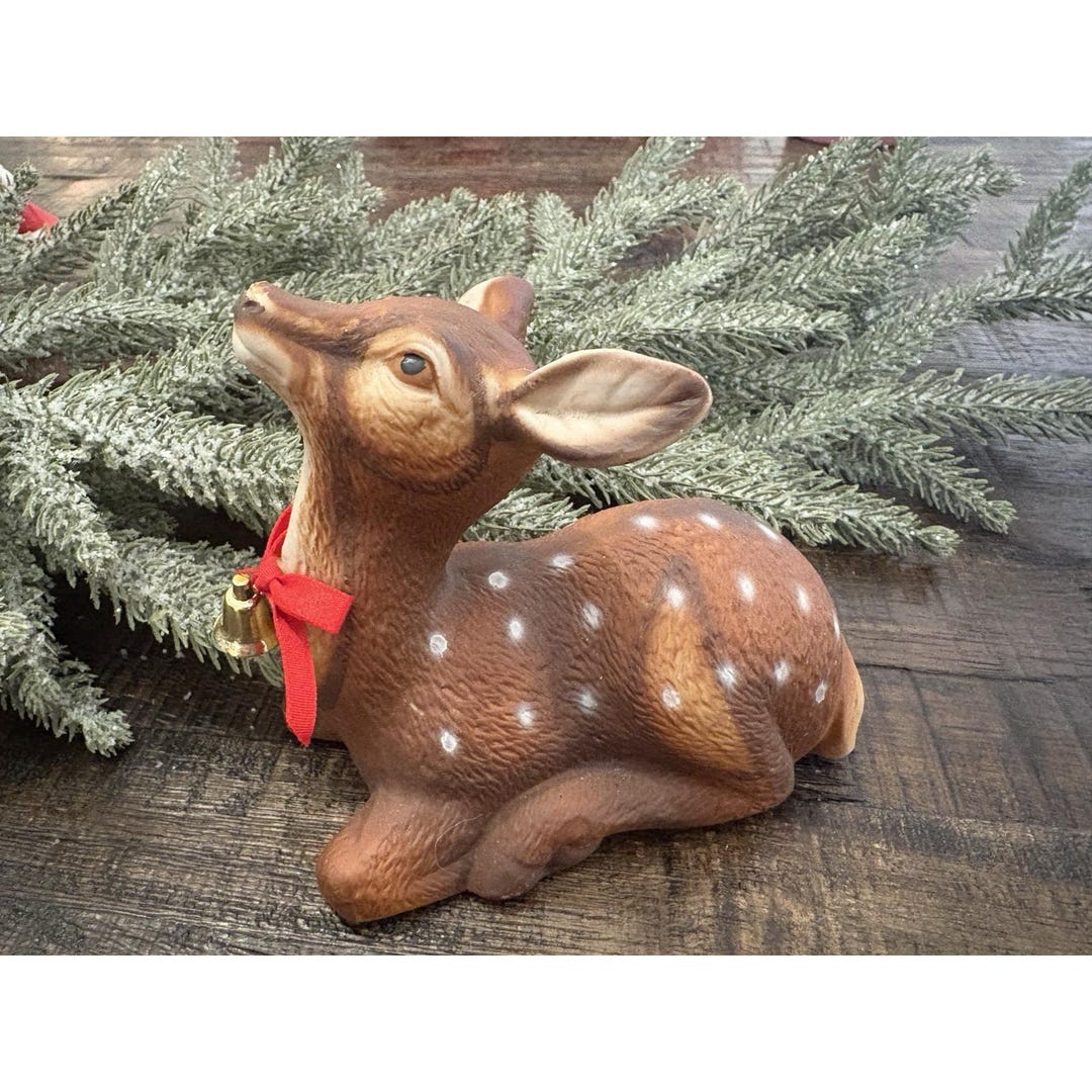 Deer Fawn With Red Ribbon Bell Laying Down Christmas Decor - Etsy