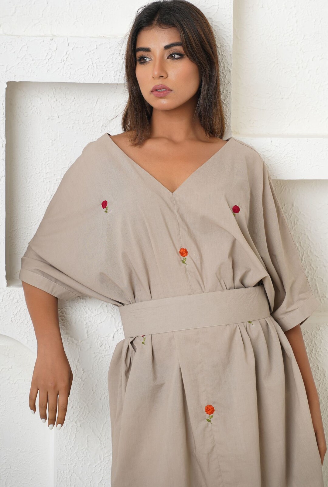 Organic Cotton Beige Linen Dress With Belt Eco-friendly Fashion Womens ...