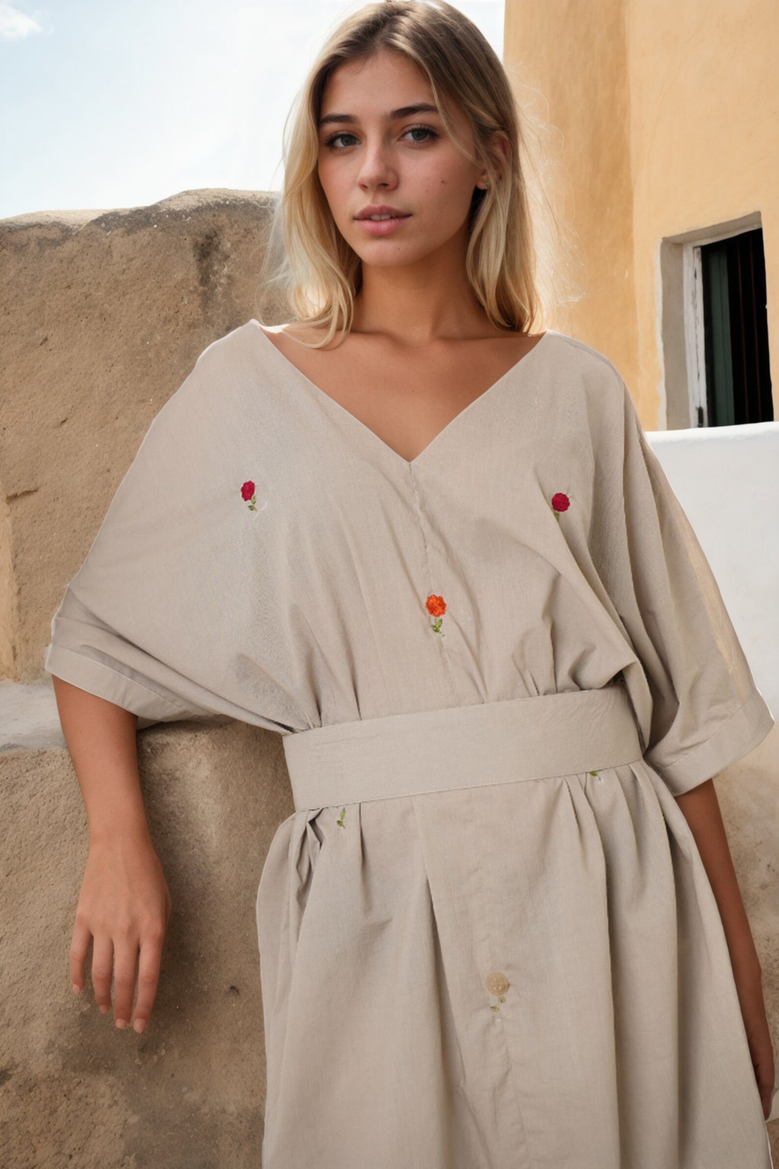 Organic Cotton Beige Linen Dress With Belt Eco-friendly Fashion Womens ...