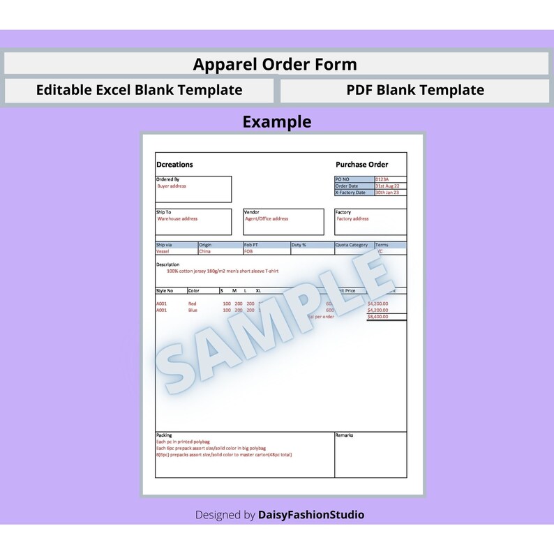Apparel Order Form Template; Garment Order Form Excel Template ...