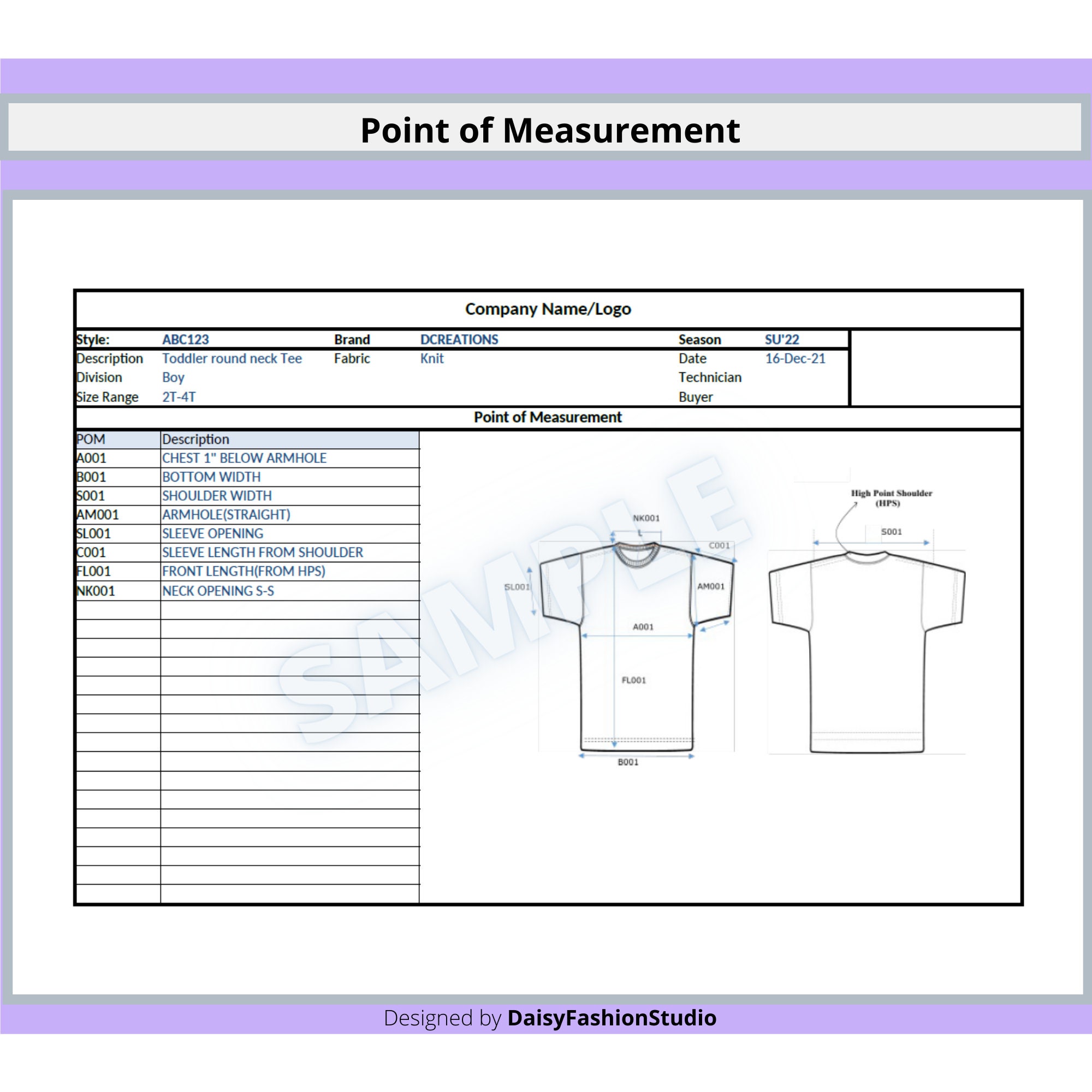 Size Specification Template for Apparel; Size Spec in Excel Format ...