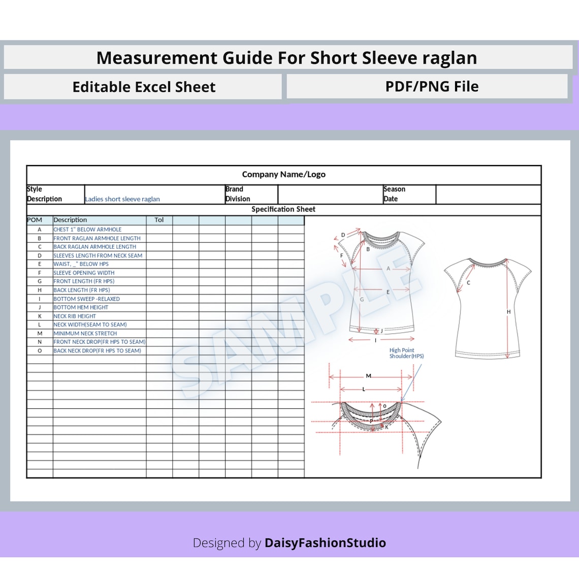 Complete Measurement Guide for Ladies Raglan Short Sleeve T-shirt ...