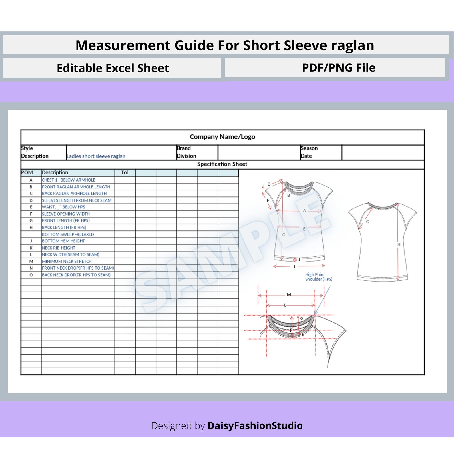 Complete Measurement Guide for Ladies Raglan Short Sleeve T-shirt ...
