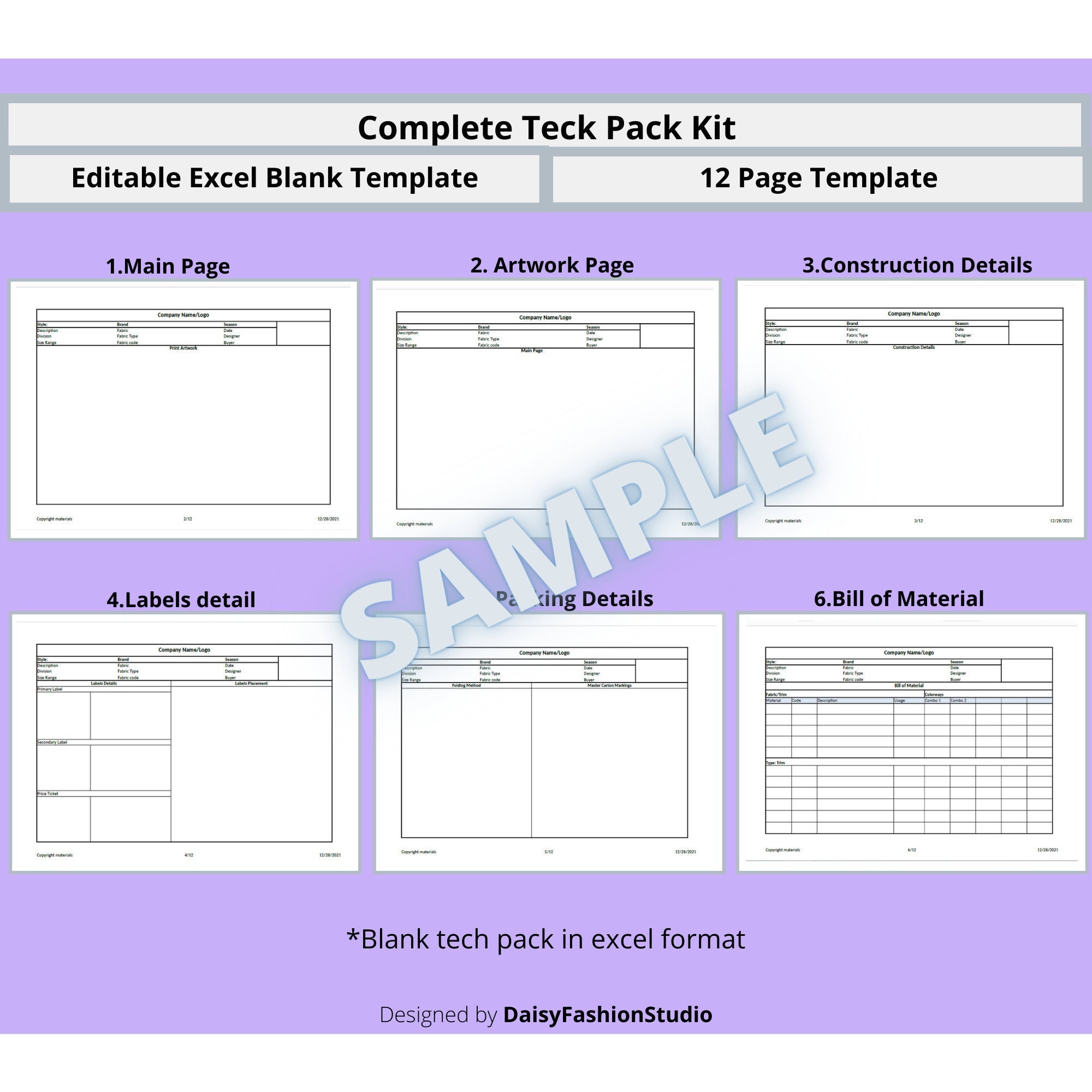 Complete Teck Pack Template Kit for Apparel Industry; Fashion Design ...