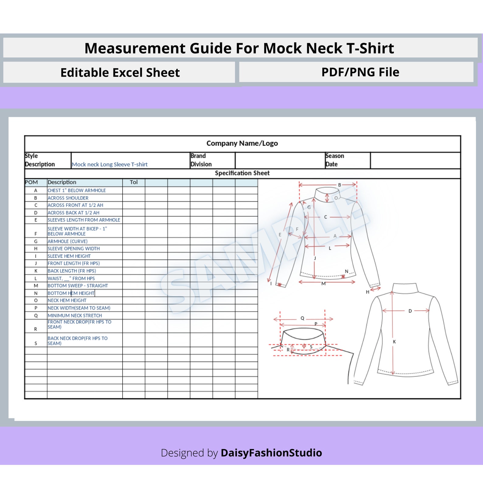 Complete Measurement Guide for Ladies Mock Neck Long Sleeve T-shirt ...