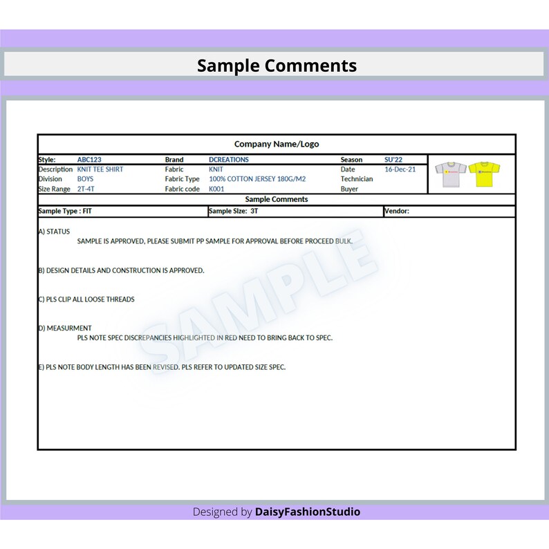 Size Specification Template for Apparel; Size Spec in Excel Format ...