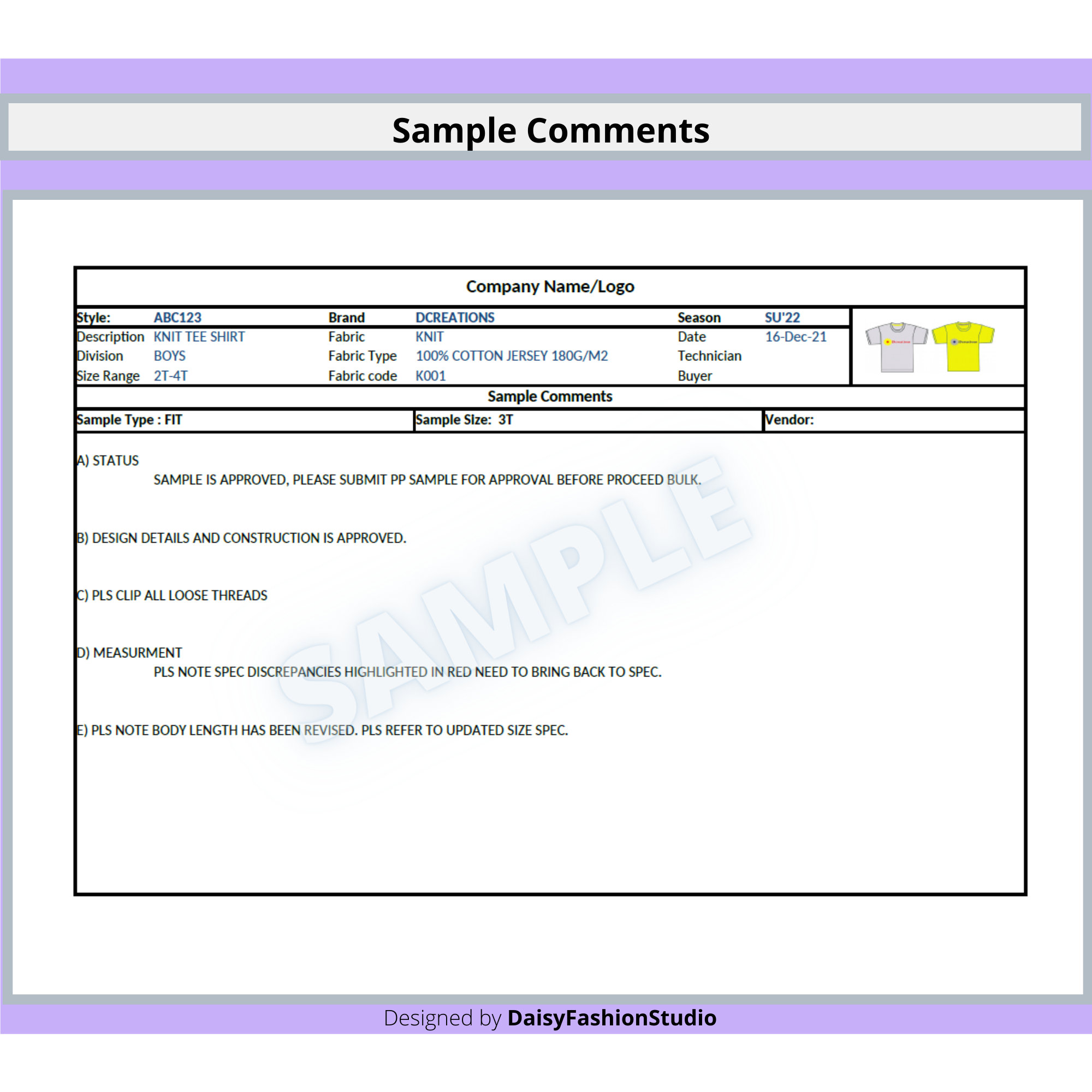 Size Specification Template for Apparel; Size Spec in Excel Format ...