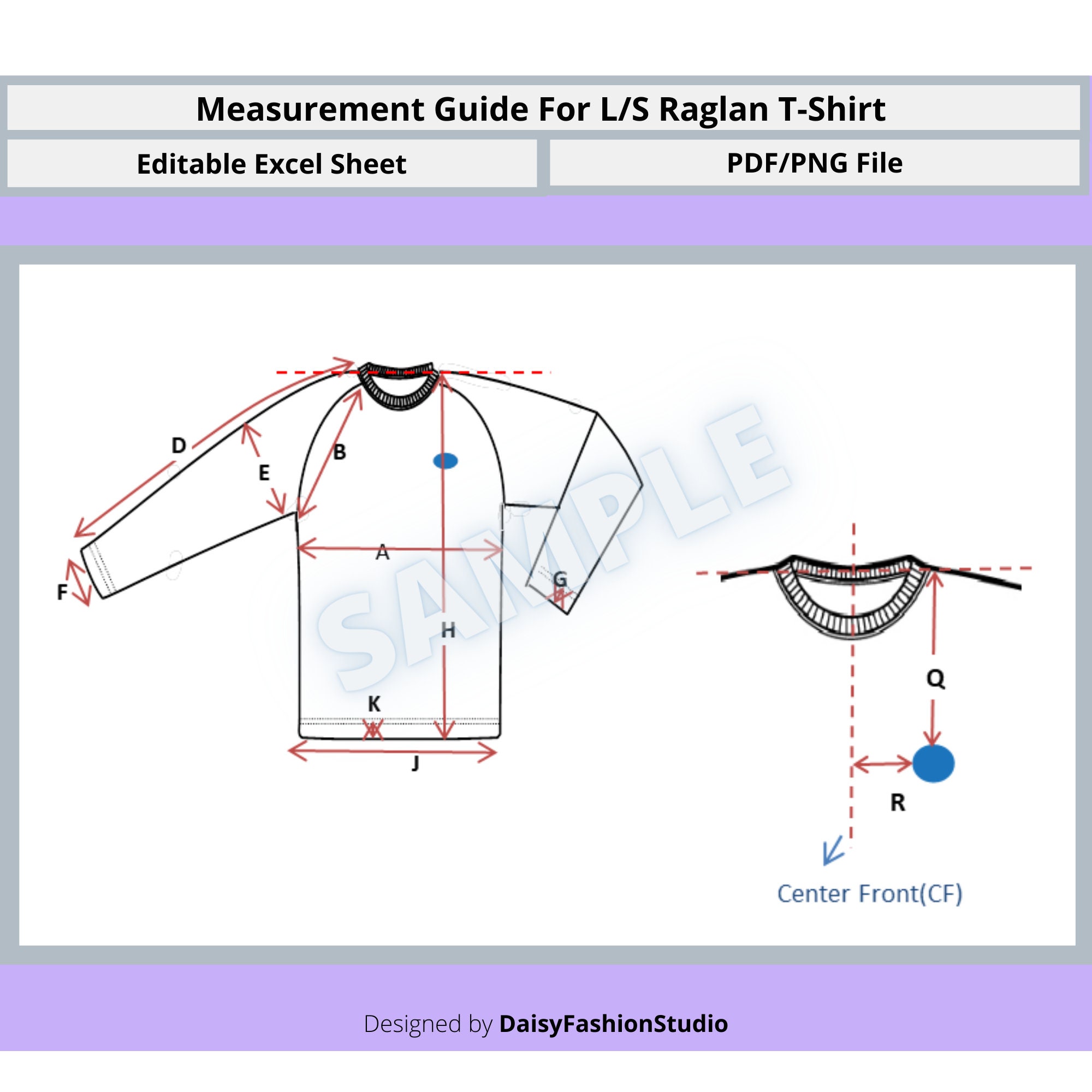 Complete Measurement Guide for Long Sleeve Raglan T-shirt; Point of ...