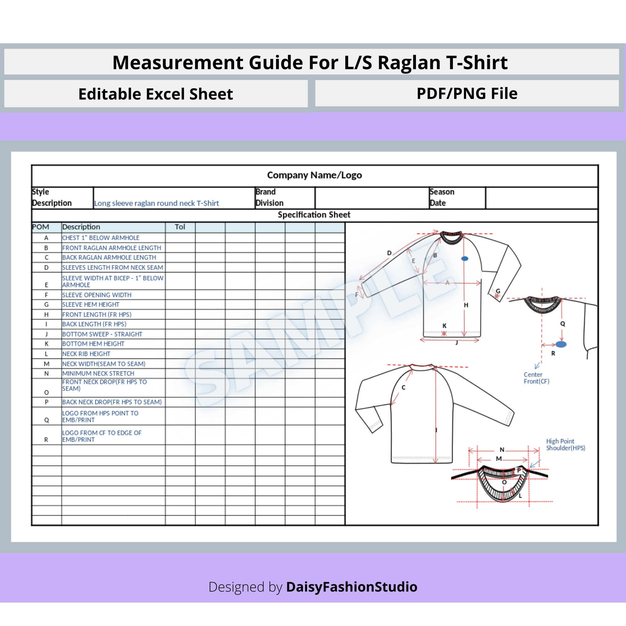 Complete Measurement Guide for Long Sleeve Raglan T-shirt; Point of ...