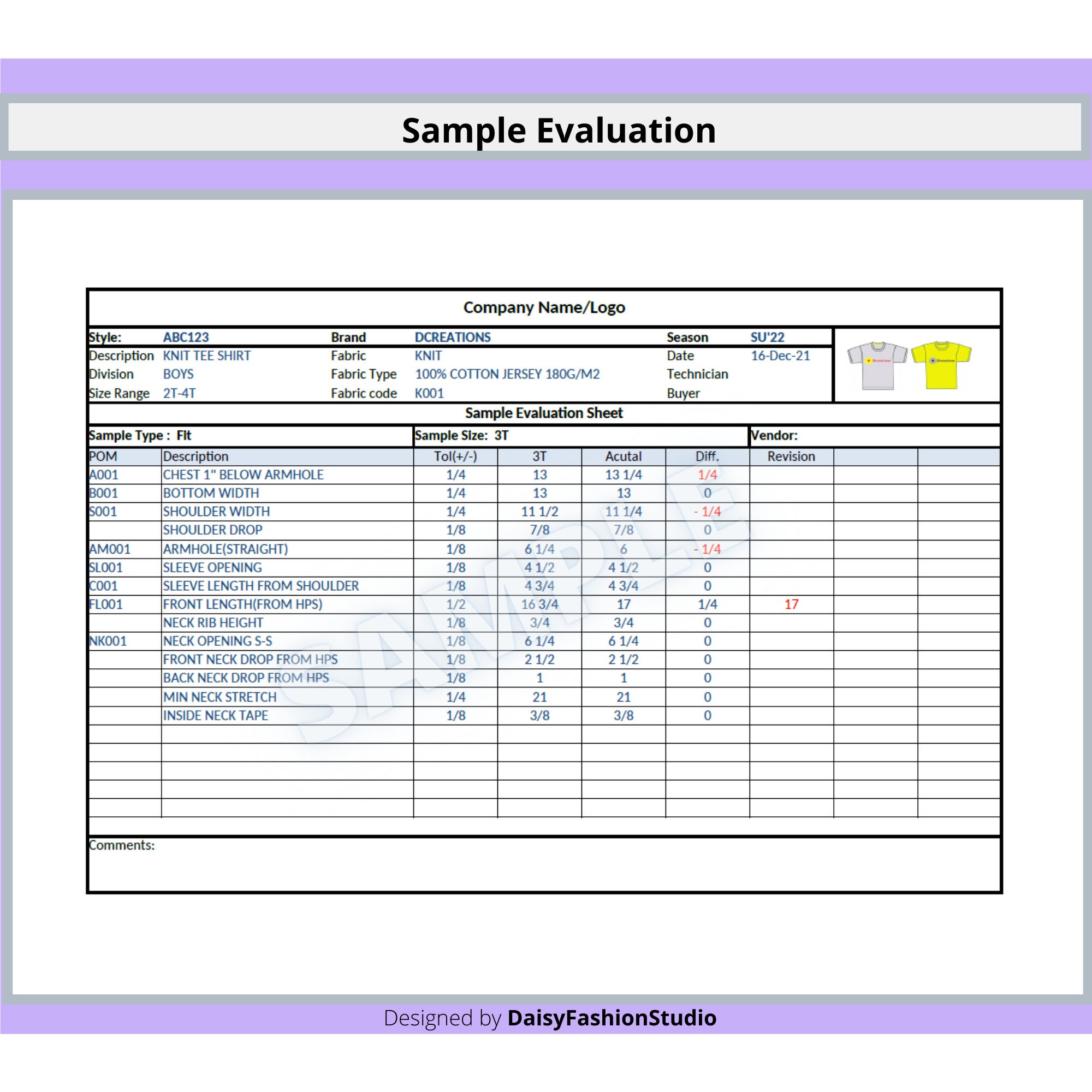 Size Specification Template for Apparel; Size Spec in Excel Format ...