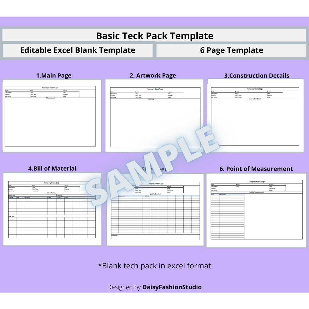 Basic Teck Pack Template Kit for Apparel Industry; Fashion Design ...