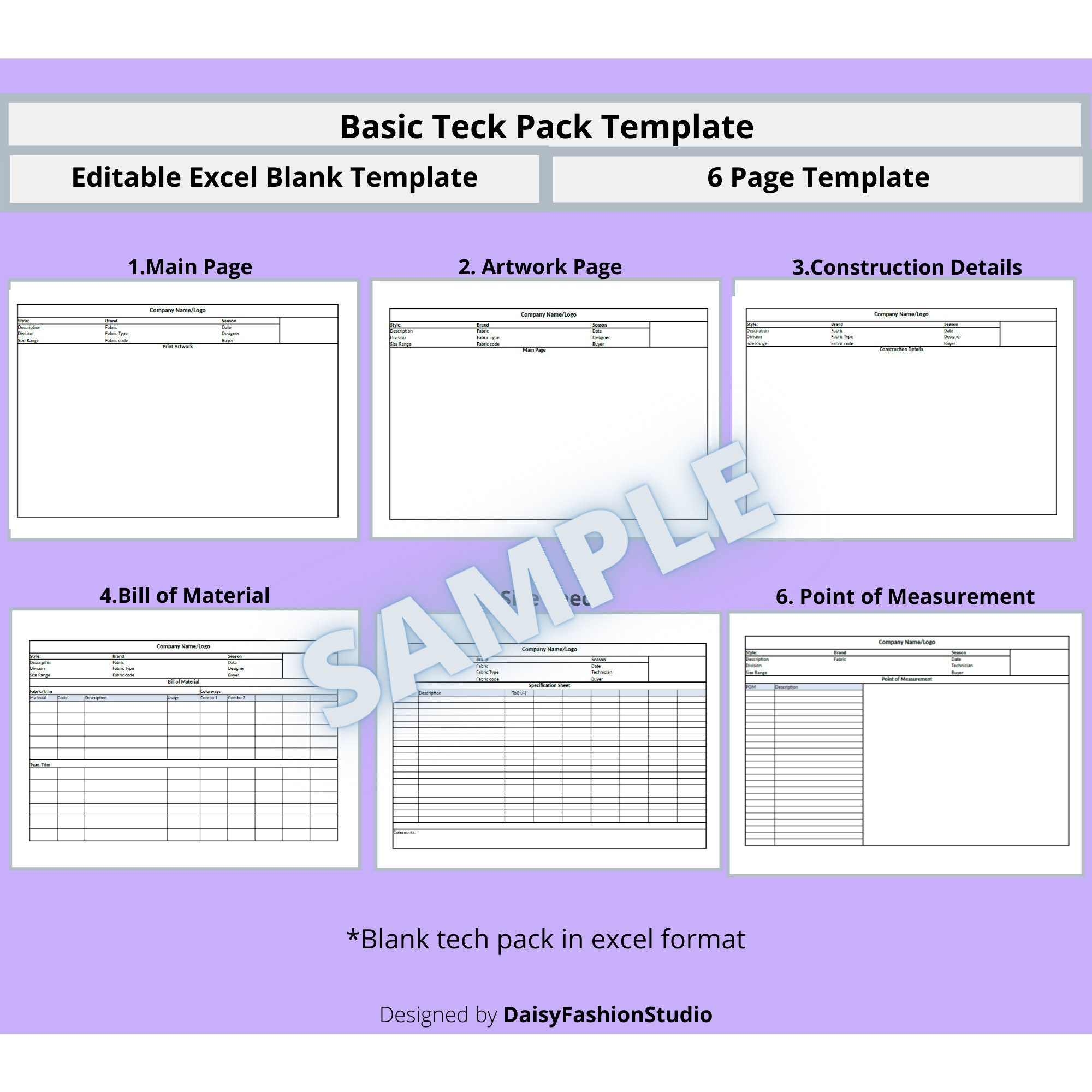 Basic Teck Pack Template Kit for Apparel Industry; Fashion Design ...
