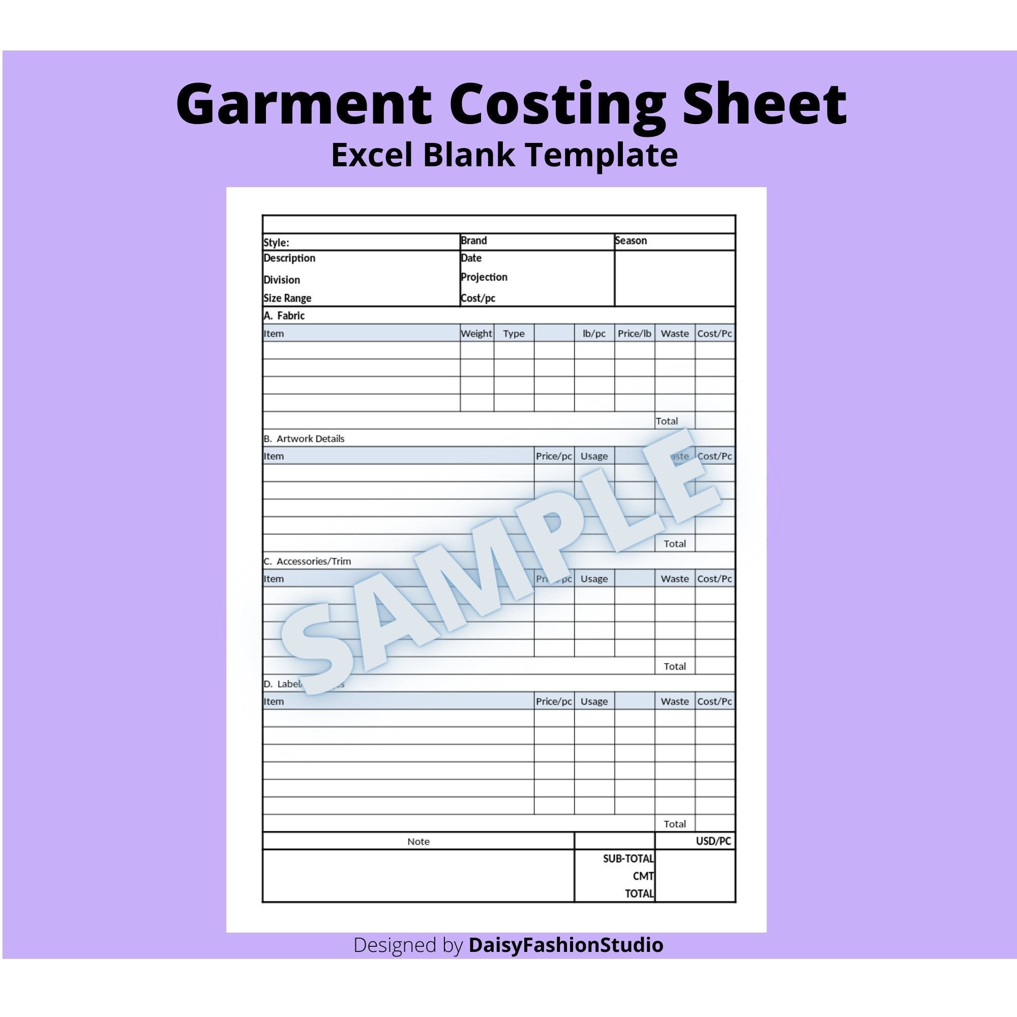 Garment Costing Sheet Template Excel Cost Sheet Template For Etsy India