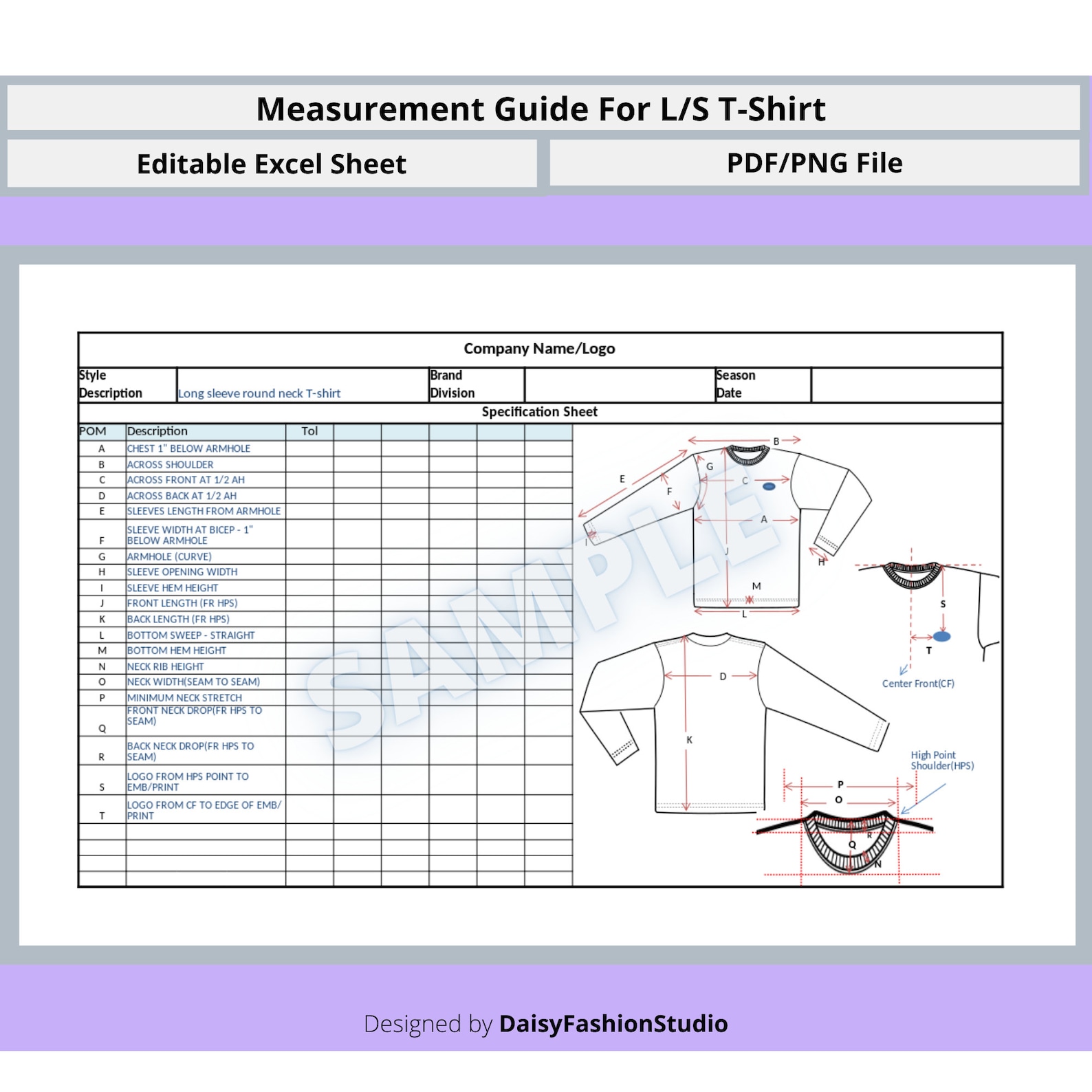 Complete Measurement Guide for Long Sleeve T-shirt; Point of ...