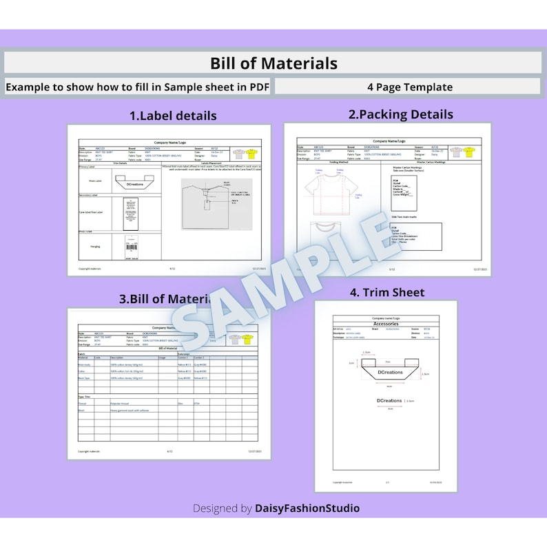 Fashion Bill of Materials Template; BOM Excel Template; Material ...