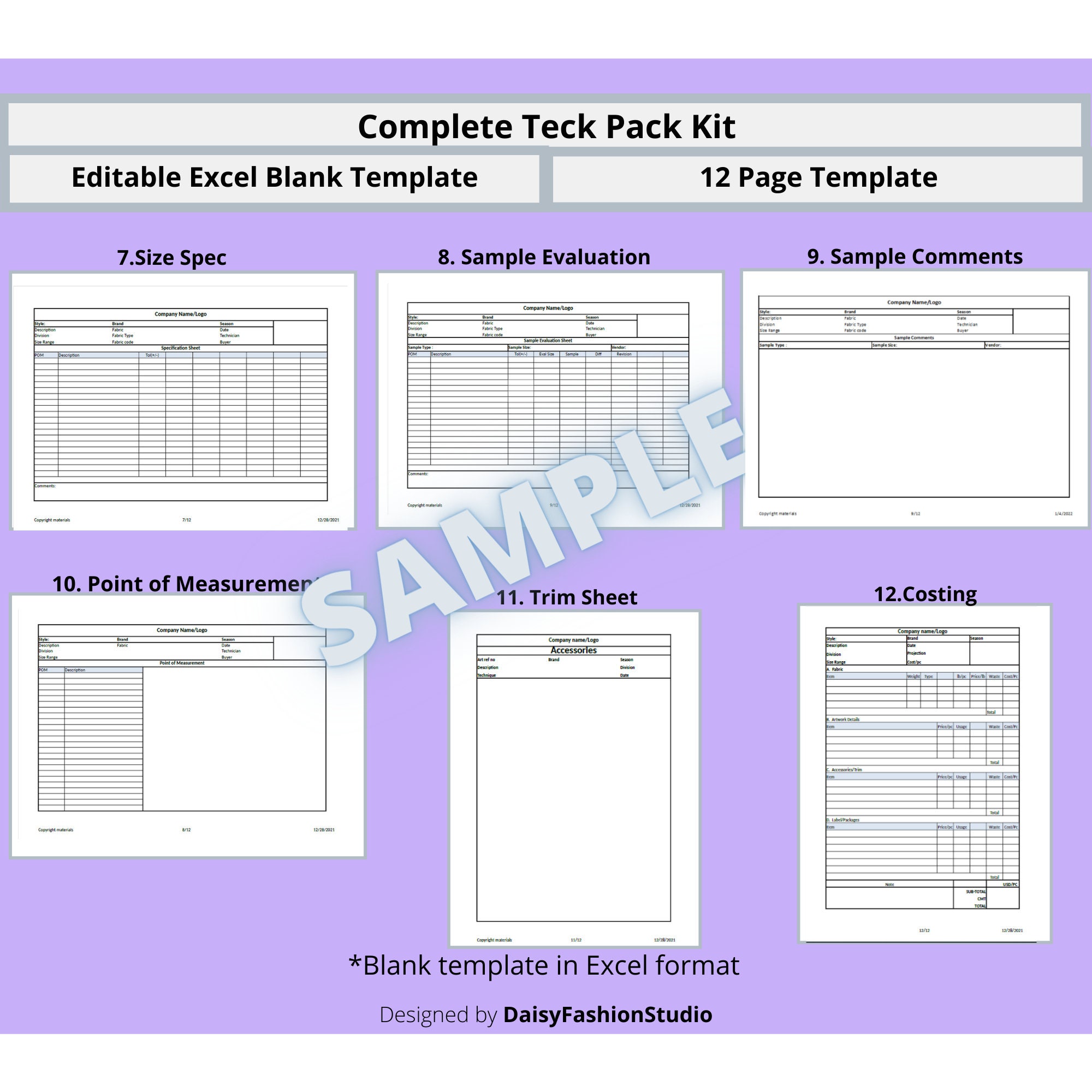 Complete Teck Pack Template Kit for Apparel Industry; Fashion Design ...