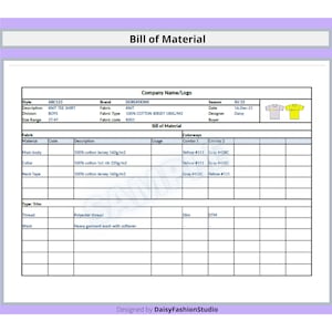 Fashion Bill of Materials Template; BOM Excel Template; Material ...