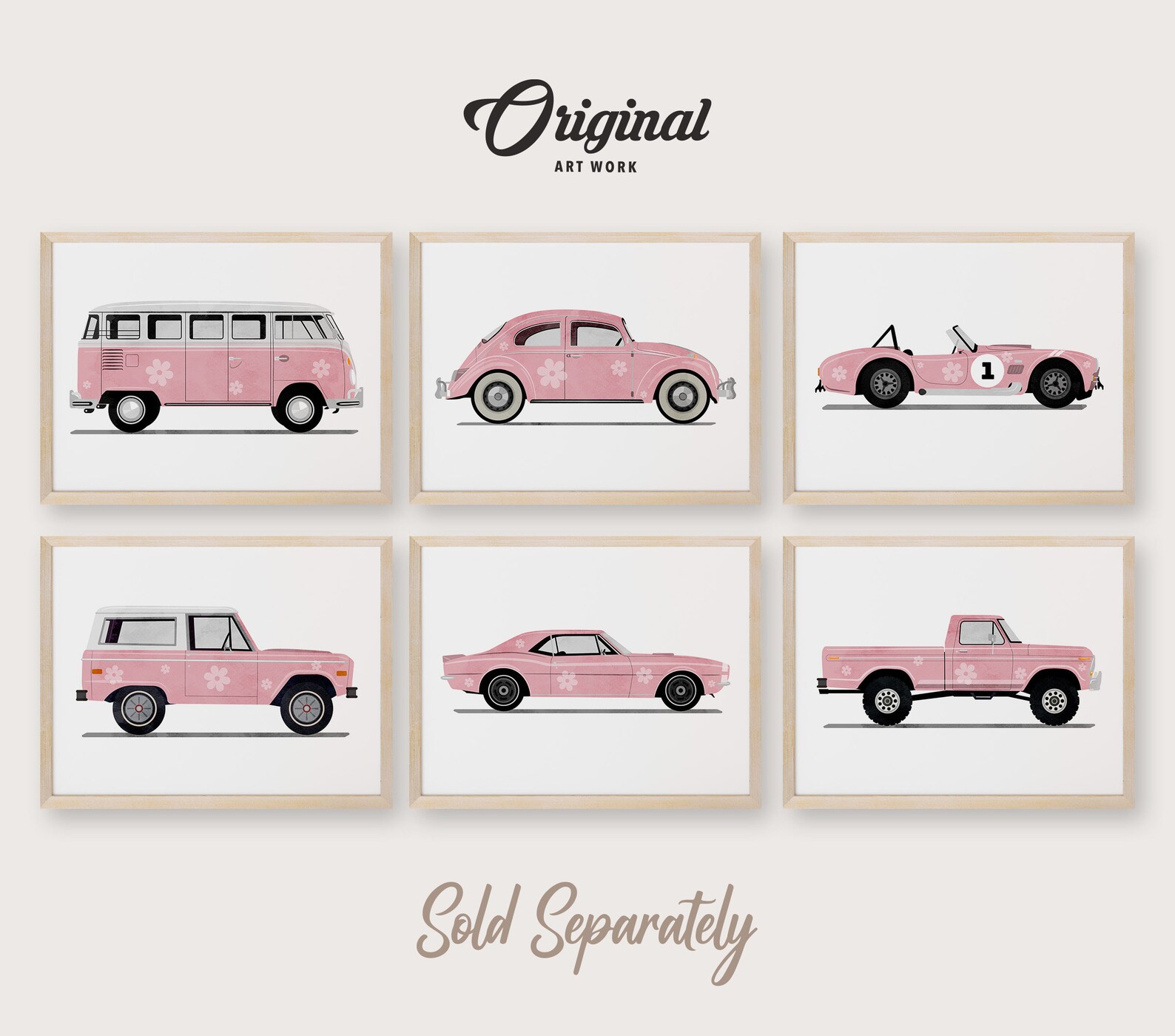 Cute Pink Vintage Sports Car Print, Boys Room Decor, Vintage Vehicle ...
