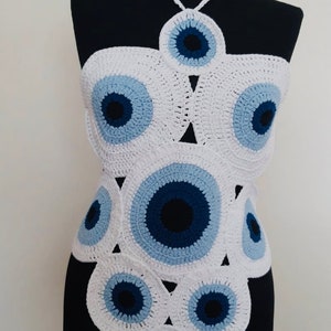 Evil Eye Bead Blouse/ Crochet Evil Eye Top/white and Blue Top/evil Eye ...