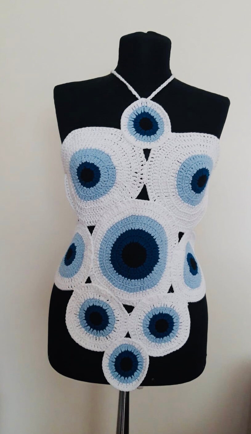 Evil Eye Bead Blouse/ Crochet Evil Eye Top/white and Blue Top/evil Eye ...