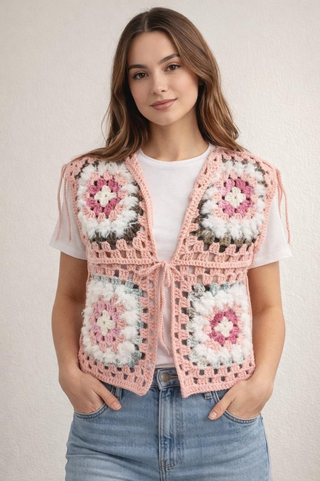 Handmade Furry Yarn Granny Square Cardigan, Crochet Patchwork Jacket ...