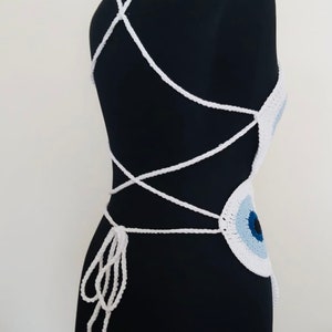 Evil Eye Bead Blouse/ Crochet Evil Eye Top/white and Blue Top/evil Eye ...