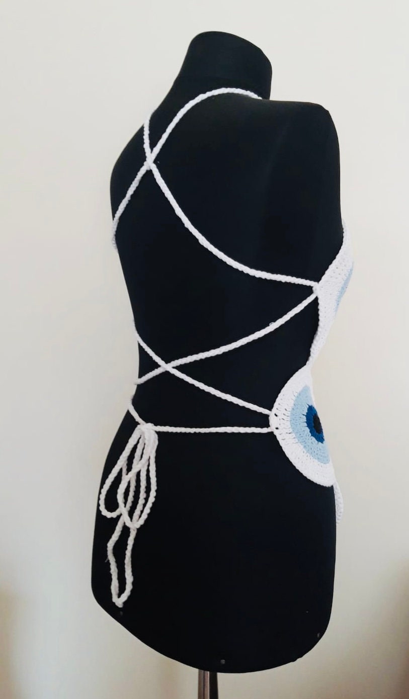 Evil Eye Bead Blouse/ Crochet Evil Eye Top/white and Blue Top/evil Eye ...