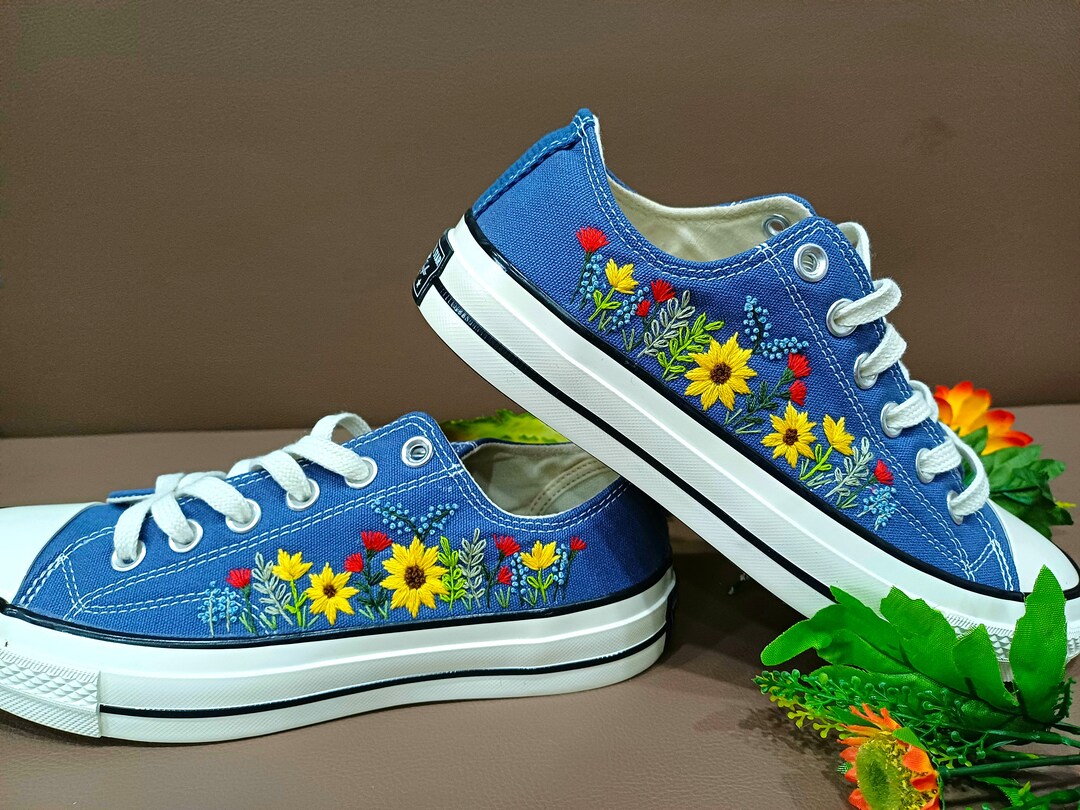 Embroidered Sunflowers on Low-cut Converse Sneakers/ Hand-embroidered ...