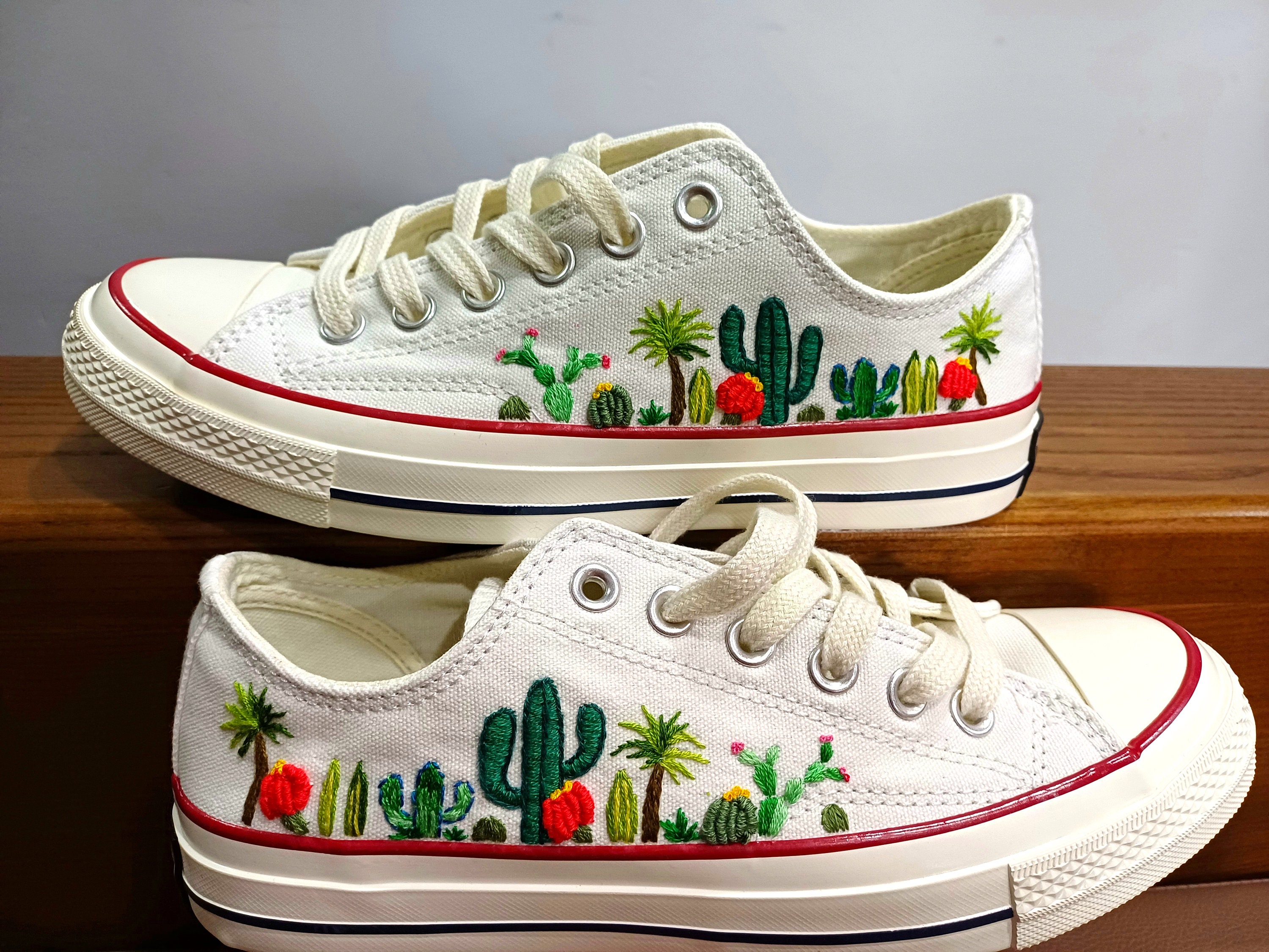 Embroidered Cactus Design on Converse Low Cut Shoes/ Hand-embroidered ...