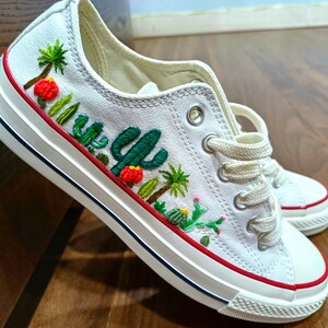Embroidered Cactus Design on Converse Low Cut Shoes/ Hand-embroidered ...
