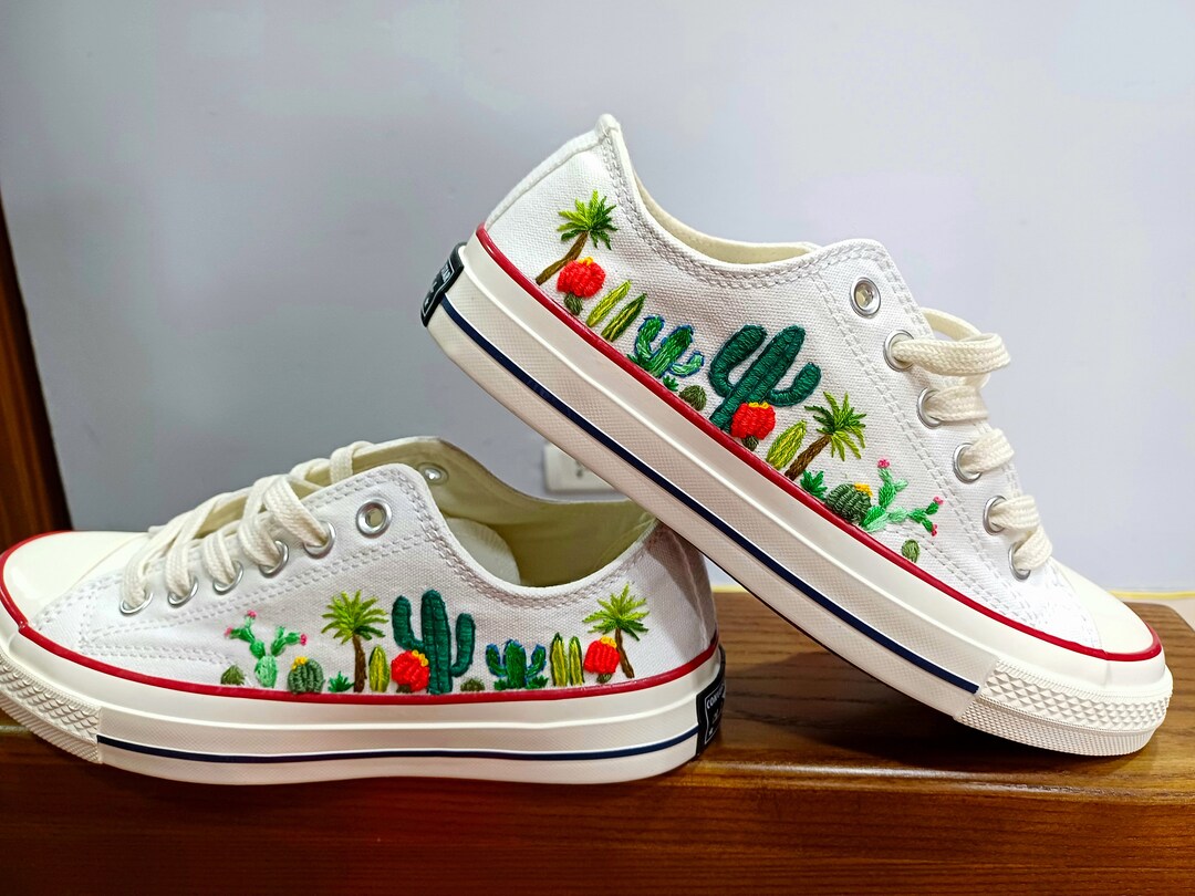 Embroidered Cactus Design on Converse Low Cut Shoes/ Hand-embroidered ...