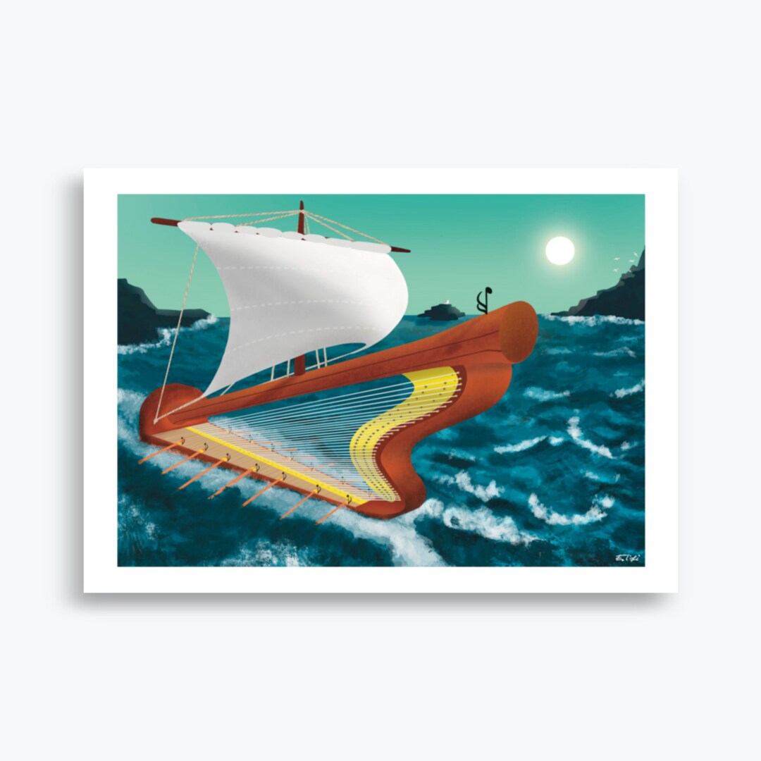 Harp Ship Nautical Art Print Whimsical Decor, Maritime Poster, Music ...