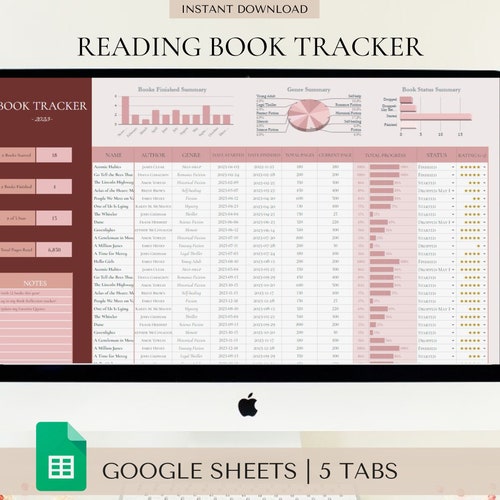 Digital Book Journal Spreadsheet Google Sheets Book Tracker - Etsy