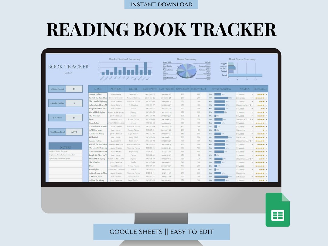Digital Book Tracker Log Template Google Sheets, Book Journal Library ...