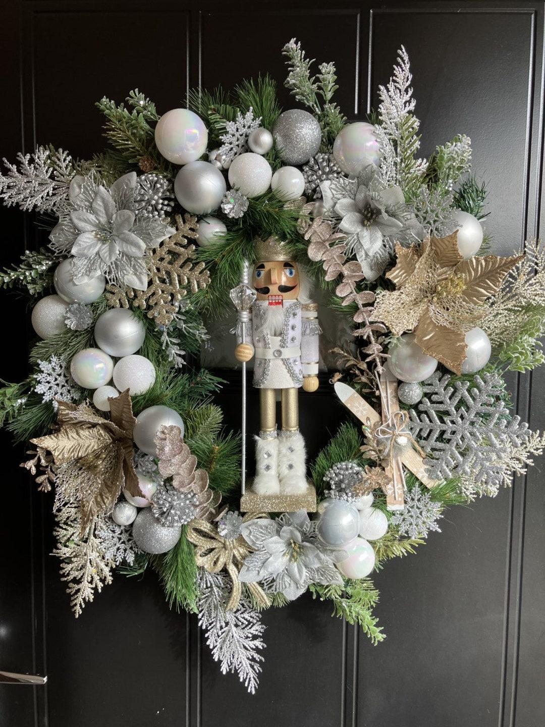 Nutcracker Wreath, Gold & Silver Christmas Wreath, 70cm Faux Flower ...