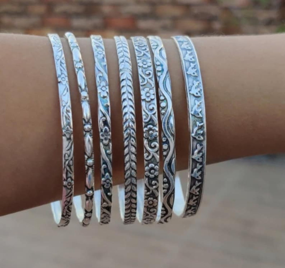 Solid Silver Bangle, Boho Bangle, 7 Set of Bangles, 7 Day Bangle, Sterling Silver, Bangle ...