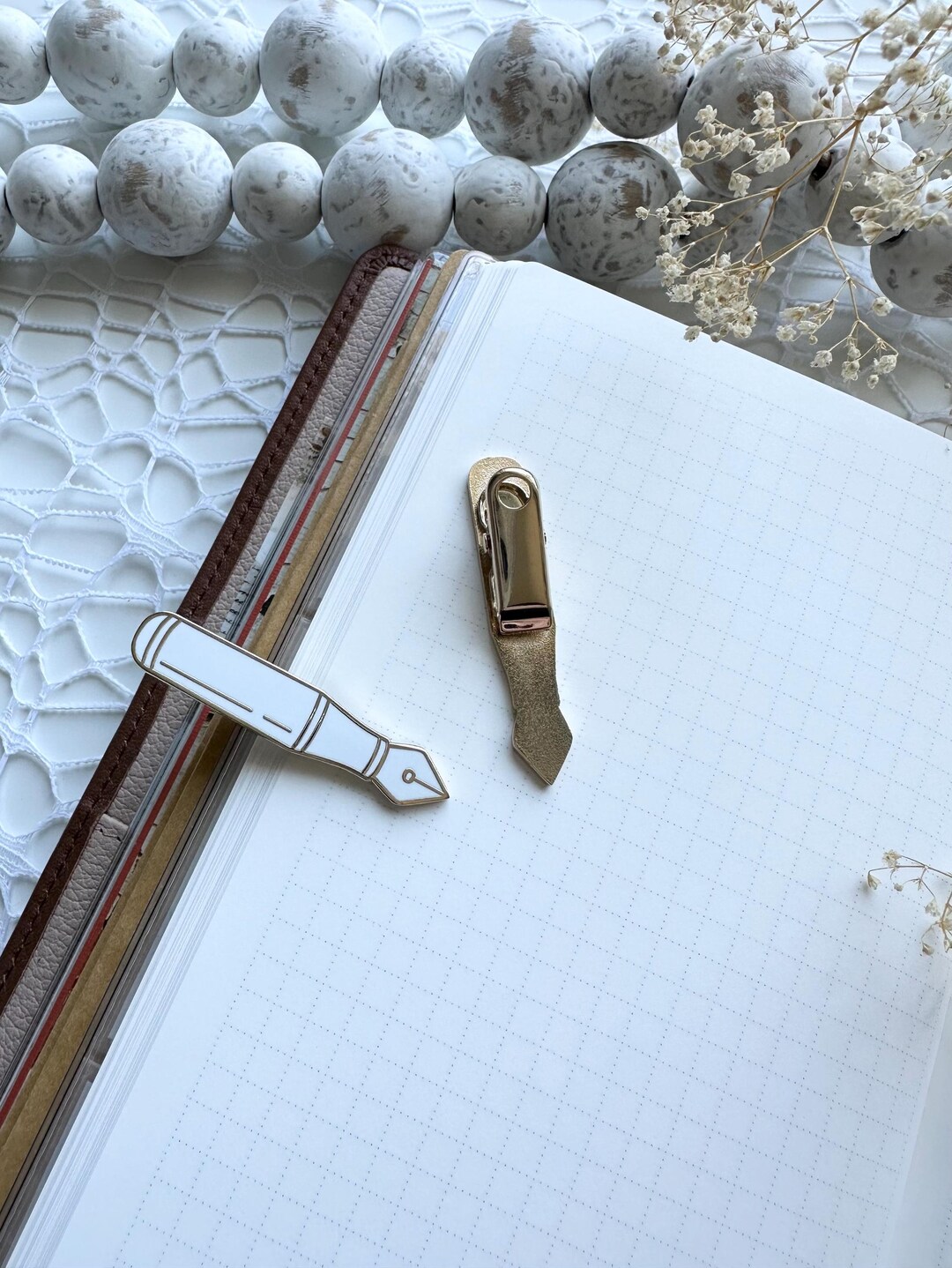 Fountain Pen Journal Clip | Journaling Accessory | White and Plated ...