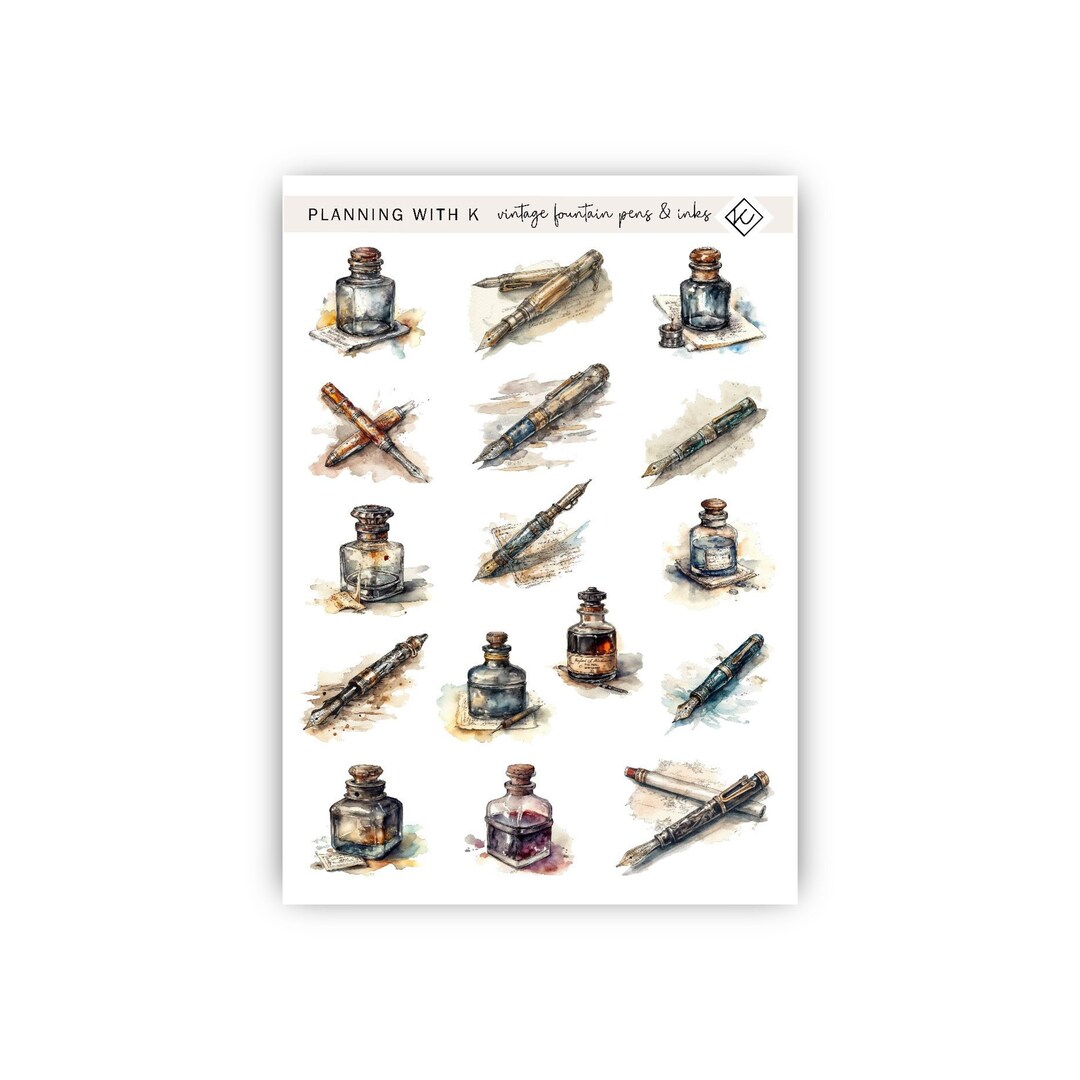 Vintage Fountain Pen and Ink Stickers for Planners, Journals ...