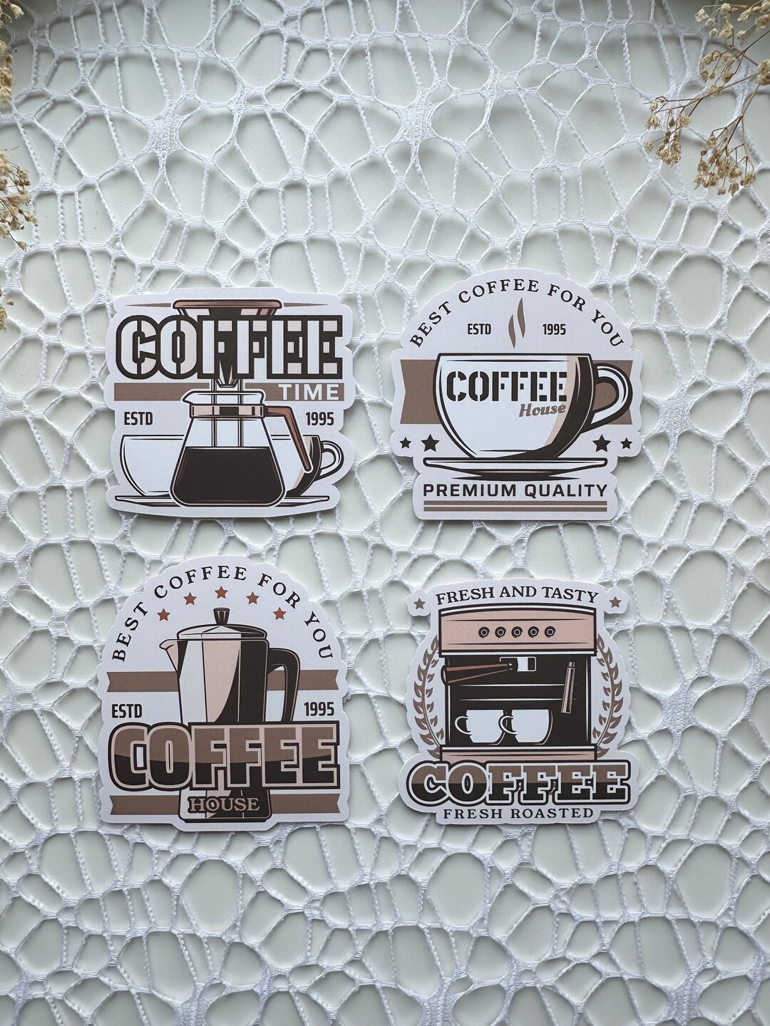 Coffee Die Cut Sticker Set Set of 4 Die Cut Stickers, Printed on White ...