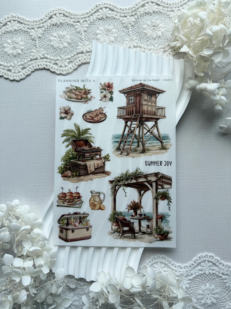 Summer by the Beach Stickers, Planner Journal Stickers, Transparent ...