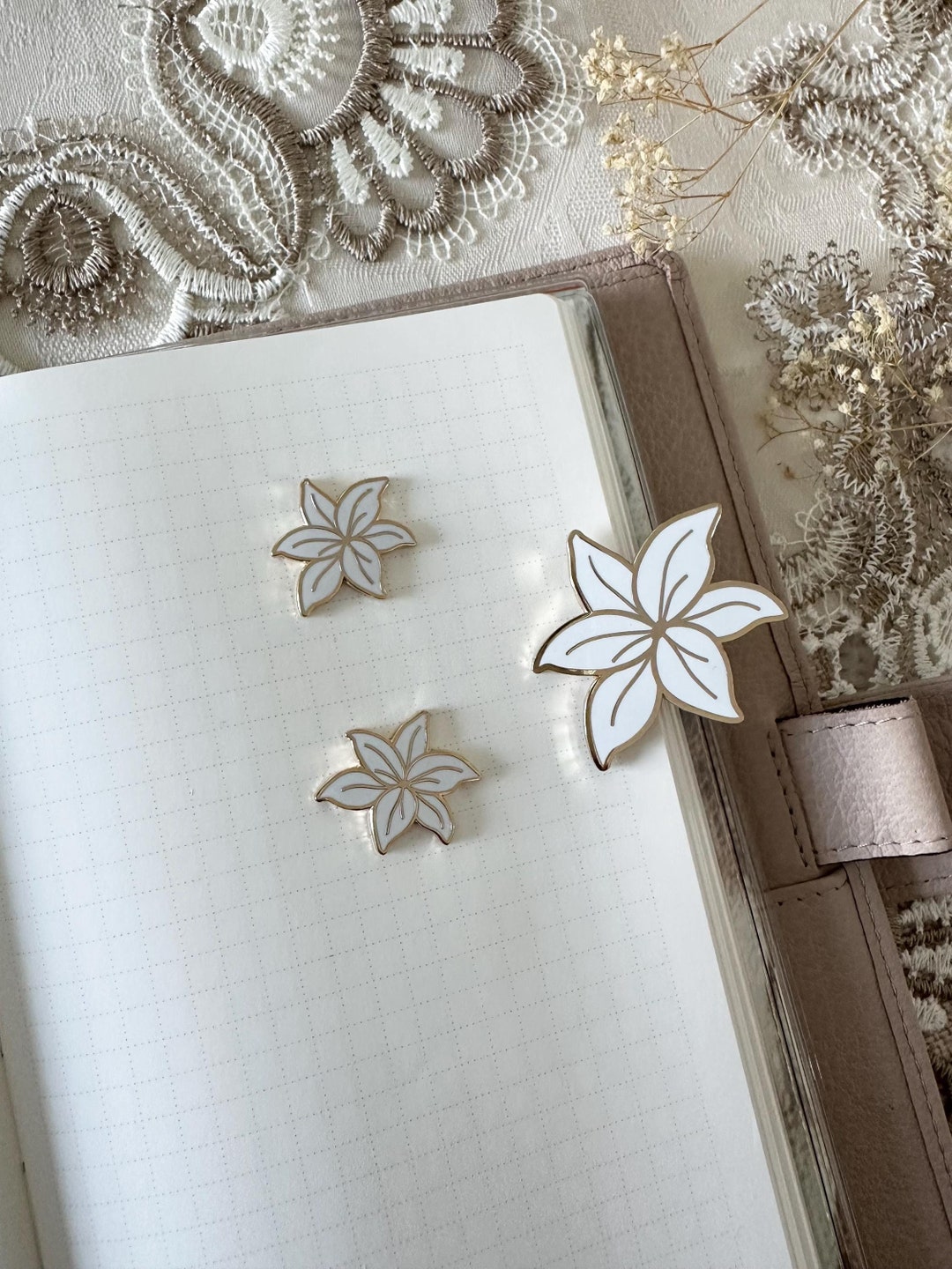 Flower Clip or Enamel Magnet | Planner Magnet | White With Gold Plated ...