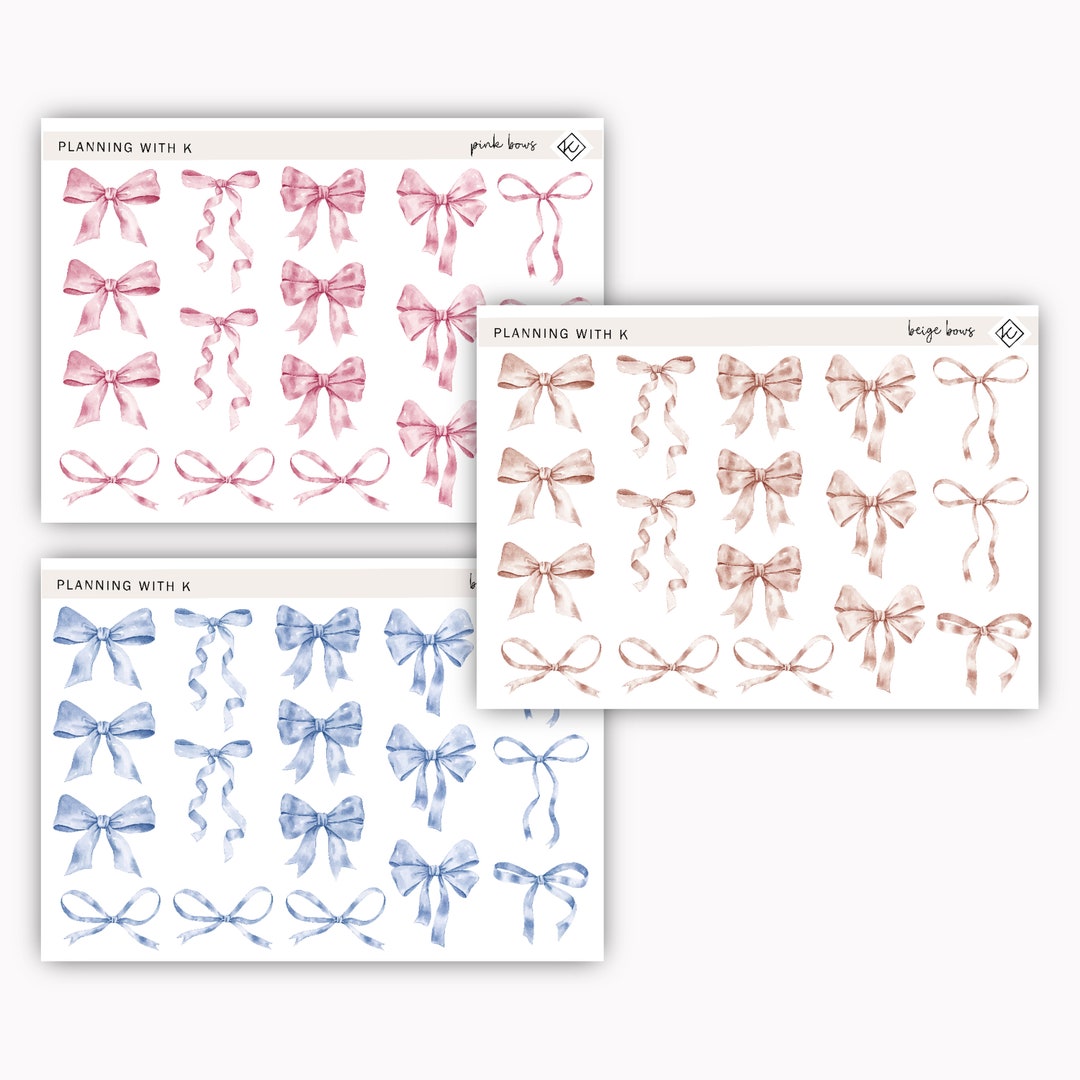 Pink, Blue and Beige Stickers for Planners, Journals Watercolor Bows ...